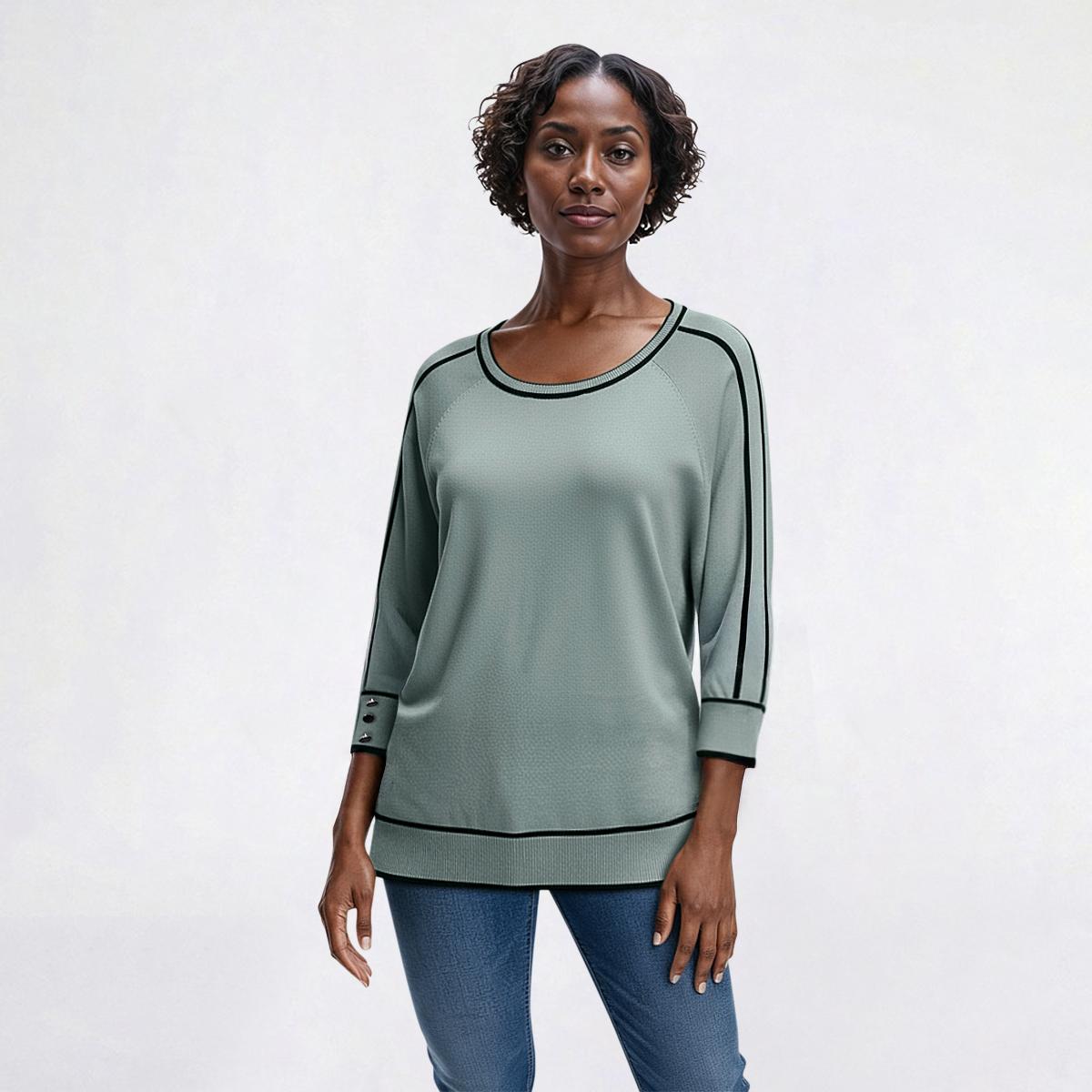 Click here for Petite Retrology 3/4 Sleeve Solid Crew Neck Tipped... prices